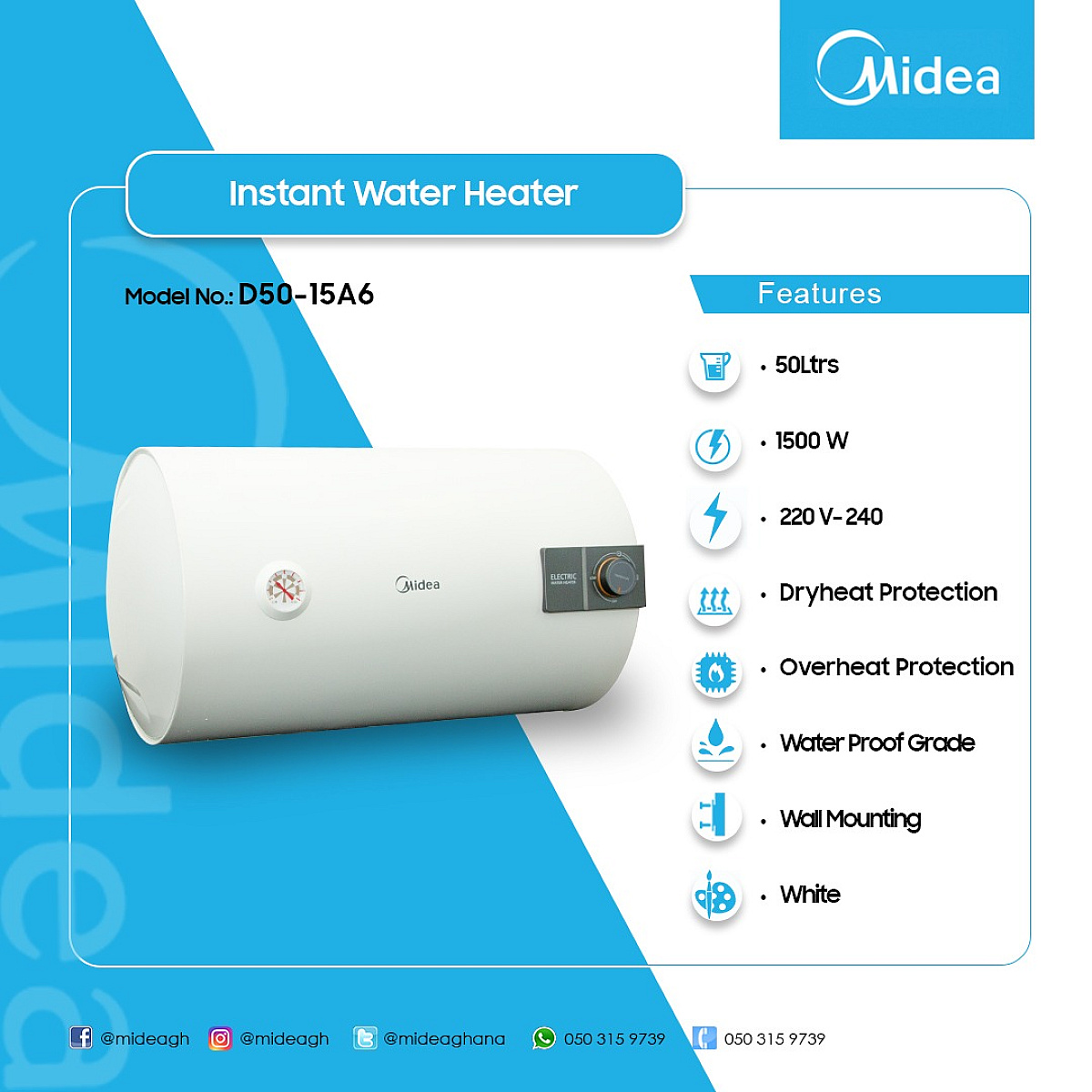 Buy Midea Electric Water Heater (50L,1500W) Online | La Rue Cambodia